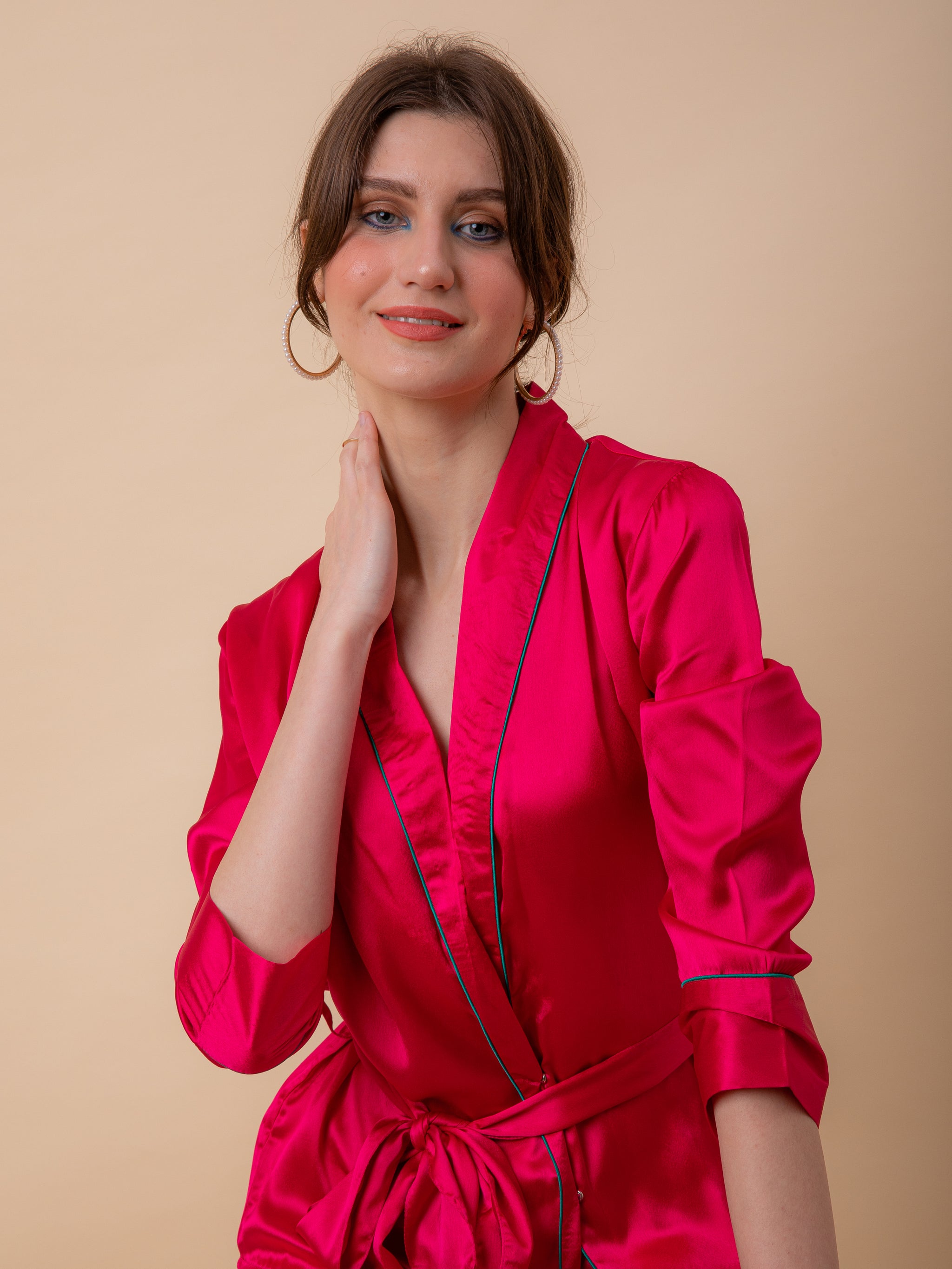 Luxe Satin Pink Robe Set with Contrast Piping – Ezme Studio