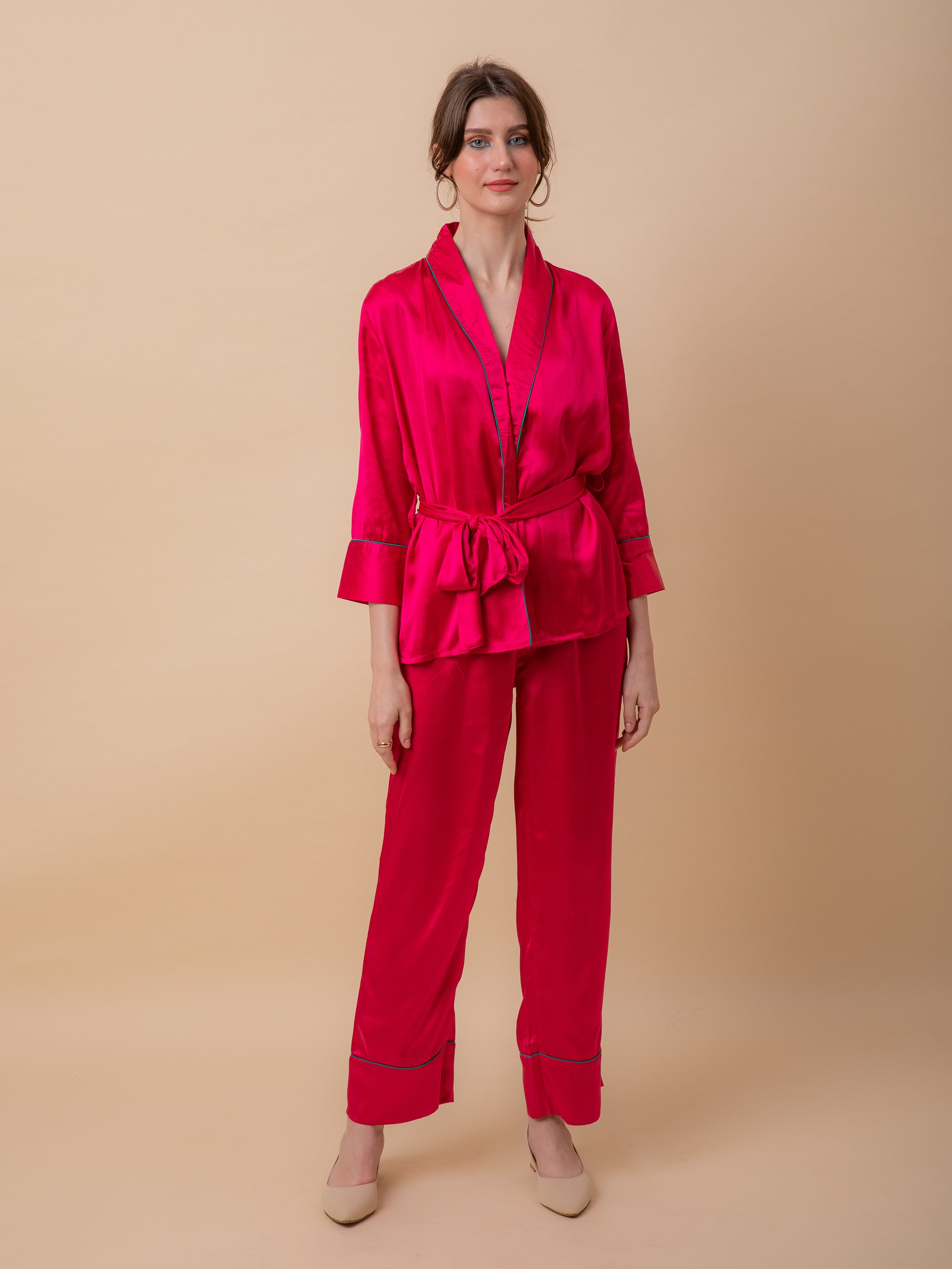 Luxe Satin Pink Robe Set with Contrast Piping – Ezme Studio